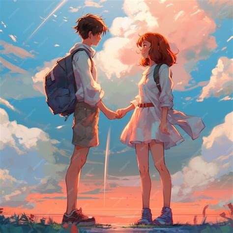 Premium Photo Anime Couple Holding Hands And Looking At Each Other