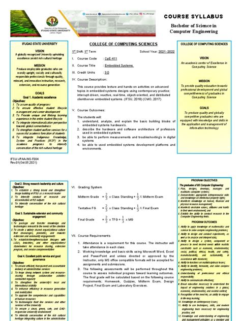 Cpe 411 Syllabus For Embedded Systems Pdf Lecture Educational