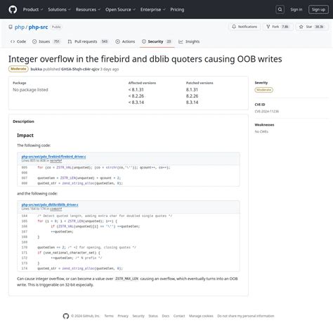Integer Overflow In The Firebird And Dblib Quoters Causing Oob Writes 漏洞信息cve 2024 11236 By 漏洞平台