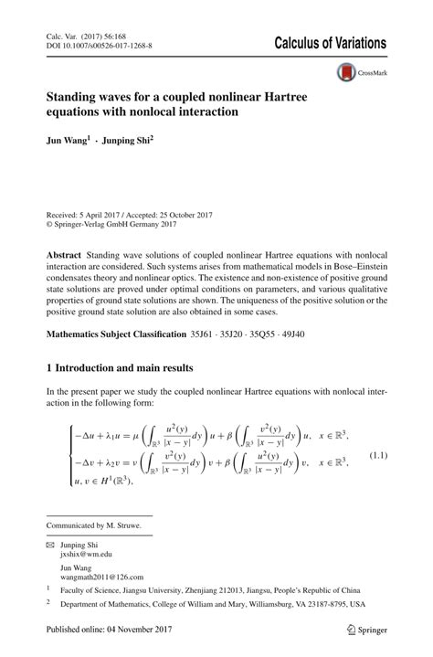 Pdf Standing Waves For A Coupled Nonlinear Hartree Equations With