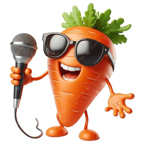 마이크와 함께 노래하는 당근 캐릭터 마이크와 함께 노래하는 당근 캐릭터 마이크에 노래하는 만화 당근 선글라스를 착용하고 마이크를 들고 노래방에서 노래하는 재미있는 만화
