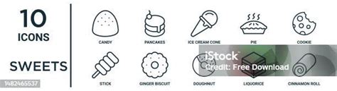 과자 개요 아이콘 세트에는 얇은 라인 캔디 아이스크림 콘 쿠키 생강 비스킷 감초 시나몬 롤 보고서 프리젠 테이션 다이어그램 웹 디자인을위한 스틱 아이콘이 포함됩니다 계피에
