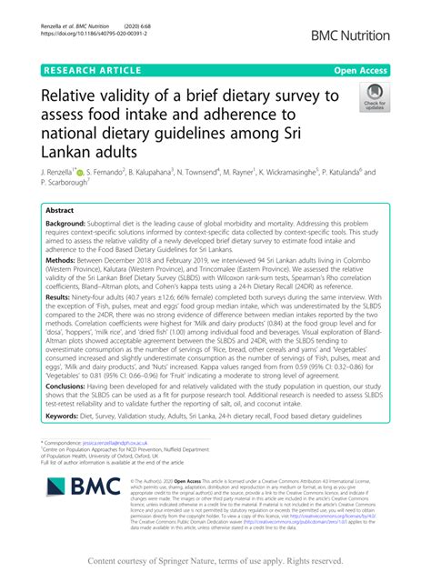 Pdf Relative Validity Of A Brief Dietary Survey To Assess Food Intake And Adherence To