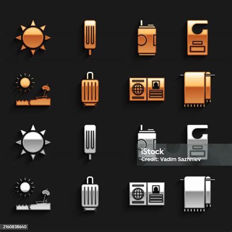세트 여행 가방 방해하지 마세요 옷걸이에 수건 여권 우산과 의자가 있는 해변 소다 캔 태양과 아이스크림 아이콘 벡터 가방에 대한 스톡 벡터 아트 및 기타 이미지 Istock