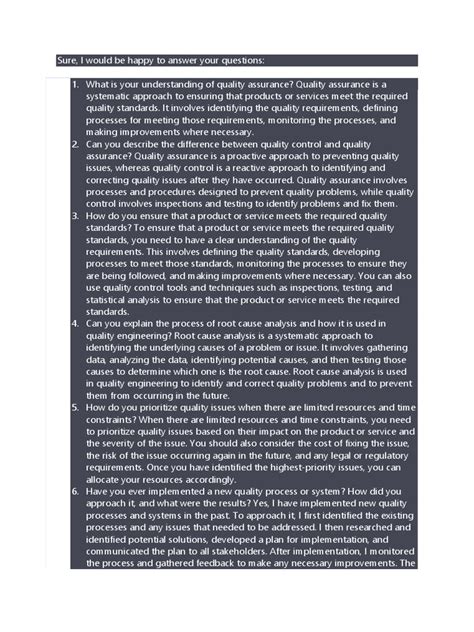 Quality Engineer Interview Questions Pdf Quality Assurance Business Process