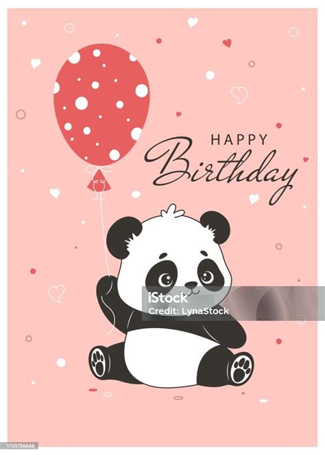 생일 축하 인사말 카드입니다 풍선이 있는 귀여운 팬더 곰의 벡터 그림 만화 캐릭터 손으로 그린 디자인 인사말 카드 또는 포스터용 템플릿입니다 생일 카드에 대한 스톡 벡터