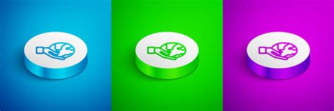 파란색 녹색 및 보라색 배경에 고립 된 지구 지구 아이콘을 들고 있는 등도 성선 인간 손 지구 개념을 저장합니다 흰색 원 버튼입니다 벡터 3차원 형태에 대한 스톡 벡터 아트