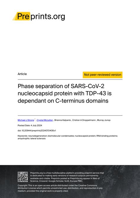 Pdf Phase Separation Of Sars Cov 2 Nucleocapsid Protein With Tdp 43 Is Dependant On C Terminus