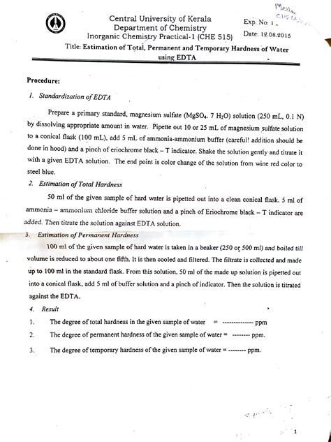 SOLUTION Estimation Of Hardness Of Water Using Edta Experiment Studypool