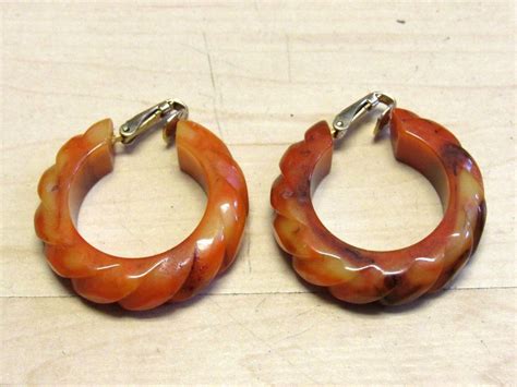 Vintage Marbled Bakelite Clip Hoop Earrings