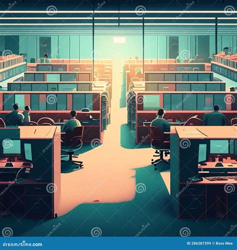 Office Interior With Rows Of Tables And Computers 3d Render Illustration Generative Ai Stock