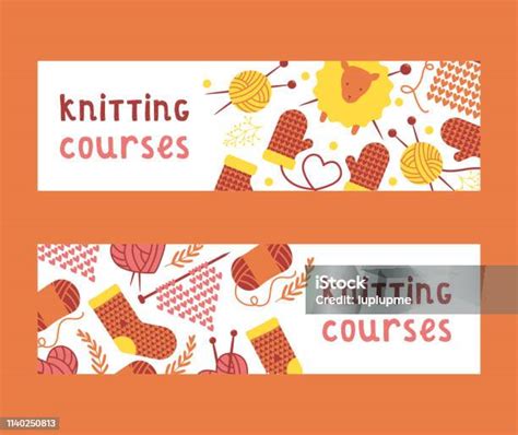손으로 뜨개질 과정 배너 벡터 일러스트 레이 션의 설정 바늘 실의 엉 킴 핸드 니트 바느질 바느질 재료의 공에 의해 옷을 만들기 유기농 양모 양 장갑 양말 겨울에 대한 스톡