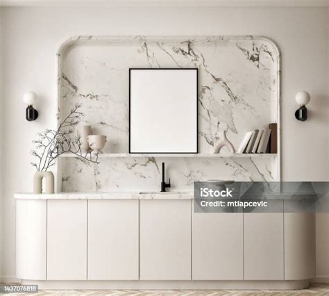 현대적인 인테리어 배경 주방과 거실 현대적인 스타일 3d 렌더링 3d 그림에 포스터 프레임 조롱 0명에 대한 스톡 사진 및 기타 이미지 Istock