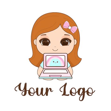 노트북을 가진 귀여운 소녀 마스코트 로고 터 일러스트레이션 프리미엄 벡터