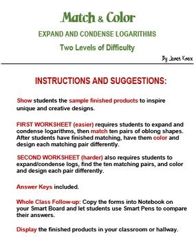 Logarithms Expand And Condense Match And Color Activity TPT