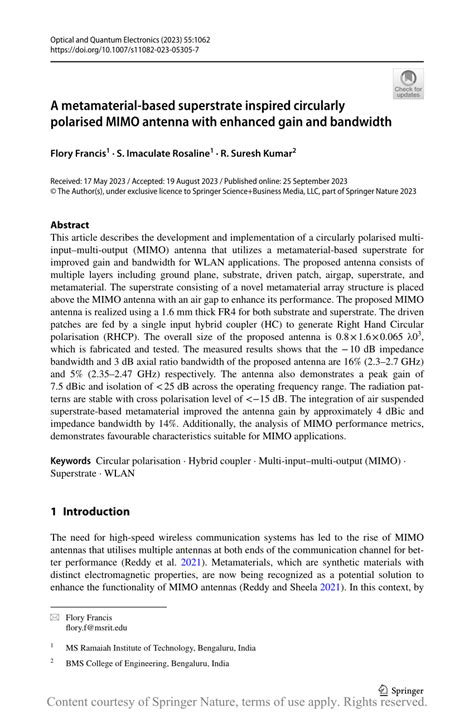 A Metamaterial Based Superstrate Inspired Circularly Polarised Mimo Antenna With Enhanced Gain