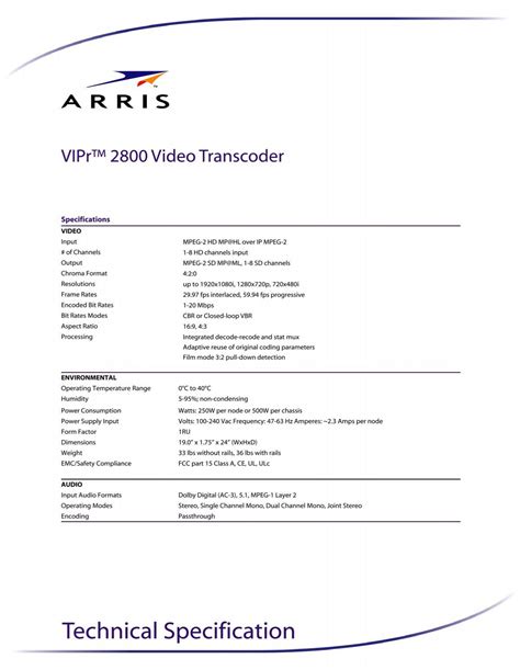 Technical Specifications Arris Technical Specifications Arris