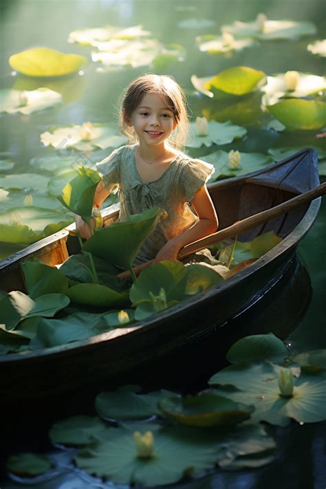 坐在小船上的女孩采摘户外图片 包图网