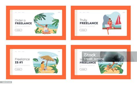 해변 방문 페이지 템플릿 세트에서 작업 하는 프리랜서 캐릭터 갑판 의자에 앉아 있는 여름 옷을 입는 사람들 해먹에 대한 스톡