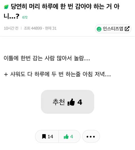 당연히 머리 하루에 한 번 감아야 하는 거 아님 인스티즈 Instiz 이슈 카테고리