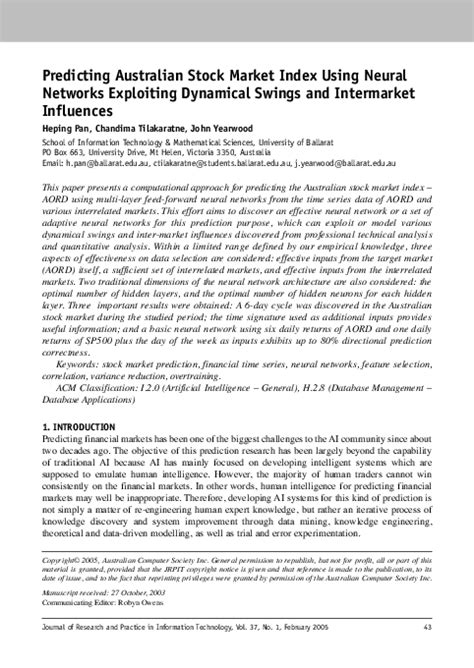 Pdf Predicting The Australian Stock Market Index Using Neural Networks Exploiting Dynamical