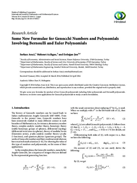 Pdf Some New Formulae For Genocchi Numbers And Polynomials Involving