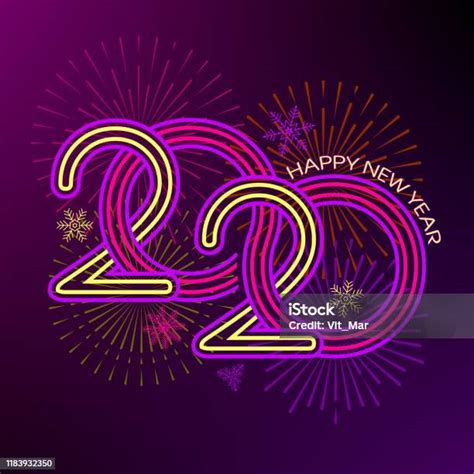 밝은 축제 비문 새해 복 당 2020 크리스마스 네온 색상 눈송이 불꽃 놀이와 경례의 폭발 어두운 배경에 벡터 그림입니다 빨간색 노란색 및 보라색 색상입니다 12월에 대한