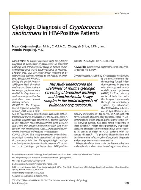 Pdf Cytologic Diagnosis Of Cryptococcus Neoformans In Hiv Positive