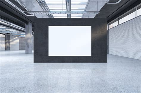 빈 흰색 모의 포스터와 현대적인 넓은 콘크리트 창고 차고 인테리어 공간 및 디자인 컨셉 3d 렌더링 사무실에 대한 스톡 사진 및