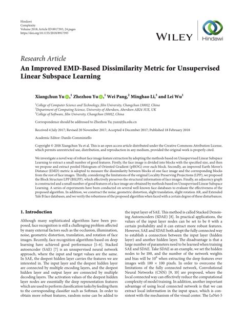 Pdf An Improved Emd Based Dissimilarity Metric For Unsupervised Linear Subspace Learning