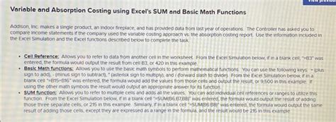 Solved Variable And Absorption Costing Using Excels Sum And