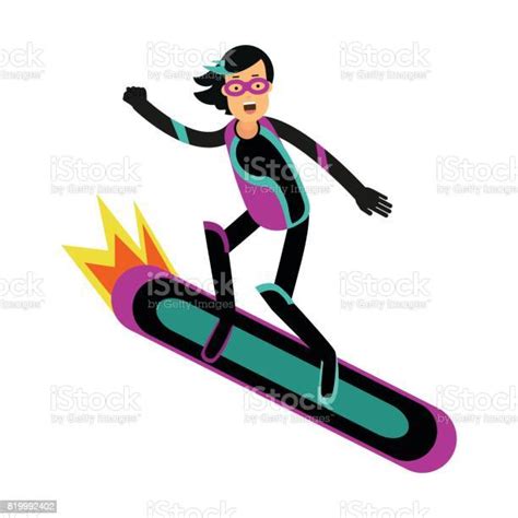 젊은 갈색 머리 여자 슈퍼 히어로 의상 스노우 보드 벡터 일러스트 레이 션에 검은색에 대한 스톡 벡터 아트 및 기타 이미지