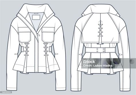 재킷 기술 패션 일러스트 자른 트렌치 코트 패션 플랫 기술 도면 템플릿 전면 및 후면보기 레이스 업 집업 화이트 여성 남성 남녀