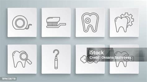 라인 설정 치과 검색 치약이 든 칫솔 치아 탐색기 스케일러 사탕 칼슘 충치 치료 절차 및 치실 아이콘 벡터 건강 진단에 대한 스톡 벡터 아트 및 기타 이미지 Istock