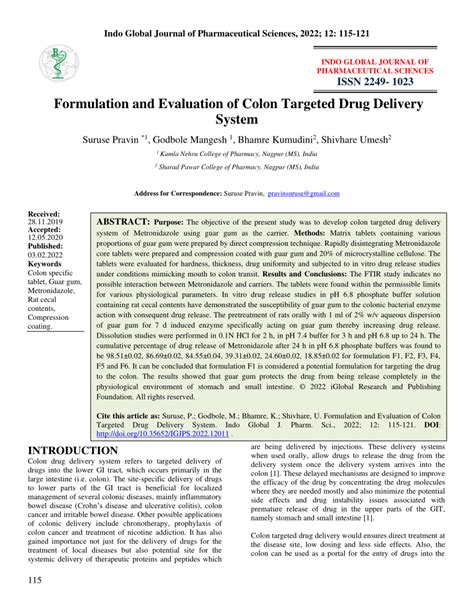 Pdf Formulation And Evaluation Of Colon Targeted Drug Delivery System