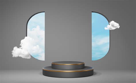 현대 무대 디스플레이 및 미니멀리스트 모형 추상 쇼케이스 배경 개념 3d 그림 또는 3d 렌더링을 위한 회색 구성의 구름과 기하학적 모양이 있는 연단 비어 있고 푸른 하늘