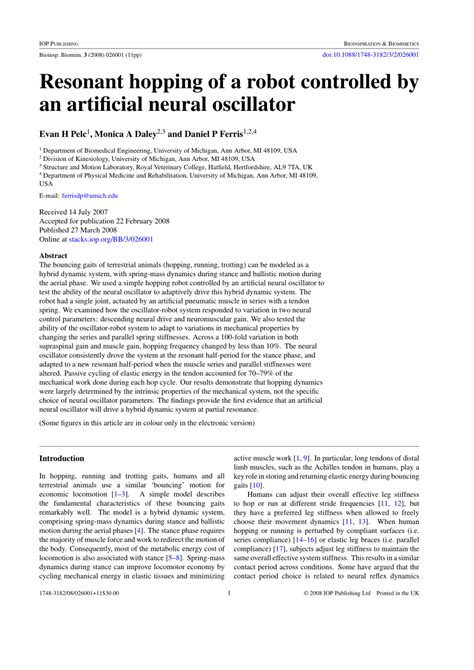 Pdf Resonant Hopping Of A Robot Controlled By An Artificial Neural Oscillator