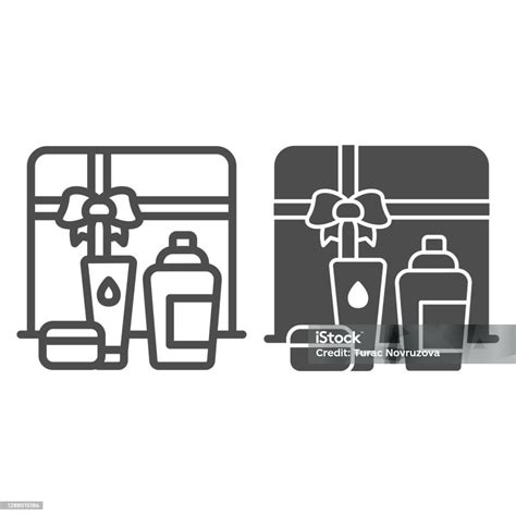 화장품 기프트 세트 라인과 솔리드 아이콘 메이크업 루틴 컨셉 크림 튜브 및 화이트 백그라운드에 선물 패키지 사인이 있는 병