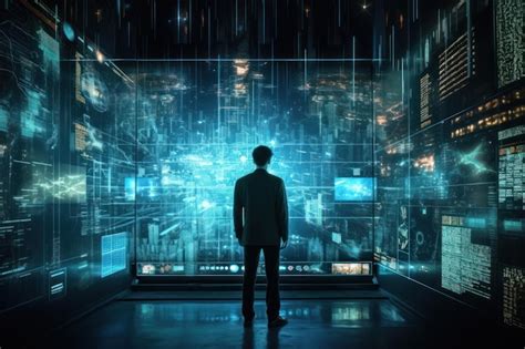 Premium Photo Immersed In Aidriven Data Analyst Navigates Massive Screens Dynamic Visualizations