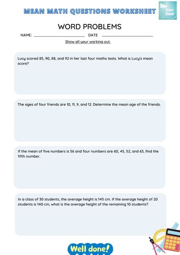 Mean Math Questions Worksheet Teaching Resources