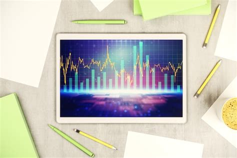 추상 금융 다이어그램 뱅킹 및 회계 개념 상위 뷰 3d 렌더링이 있는 현대적인 디지털 태블릿 화면 프리미엄 사진