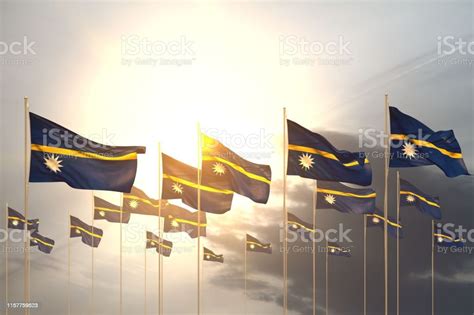 좋은 노동절 플래그 3d 그림 텍스트에 대한 빈 장소와 일몰에 행에 많은 나우루 플래그 0명에 대한 스톡 사진 및 기타 이미지 Istock