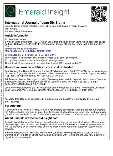 Lean Six Sigma Project Selection Using Hybrid Approach Based On Fuzzy De 6 Iss 4 Pp 313 338