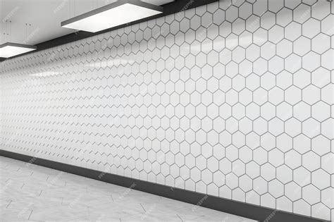 벌집 인쇄가 있는 빈 흰색 벽 배경에 대한 원근 보기 및 콘크리트 바닥 3d 렌더링 모킹이 있는 빈 지하 복도에서 맨 위에서 조명이 켜진 광고 포스터를 위한 위치 프리미엄 사진