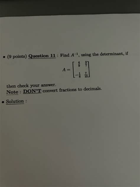 Solved 9 Points Question 11 Find A−1 Using The