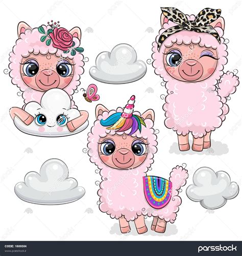 مجموعه ای از لاما صورتی کارتونی زیبا در پس زمینه سفید 1689584