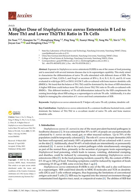 Pdf A Higher Dose Of Staphylococcus Aureus Enterotoxin B Led To More Th1 And Lower Th2 Th1
