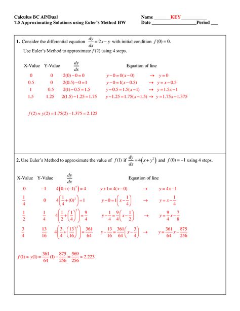 Euler S Method Hw Key Calculus BC AP Dual Name KEY Approximating Solutions Using Eulers