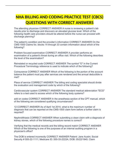 NHA BILLING AND CODING PRACTICE TEST CBCS QUESTIONS WITH CORRECT ANSWERS NHA BILLING AND