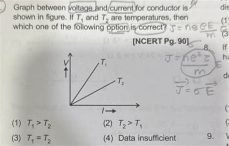 graph between voltage and current for conductor is shown in figure if t1